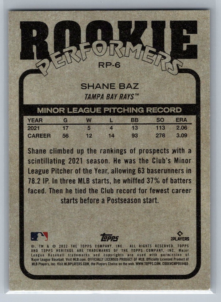2022 Topps Heritage Rookie Performers Baseball #RP-6 Shane Baz RC Tampa ...