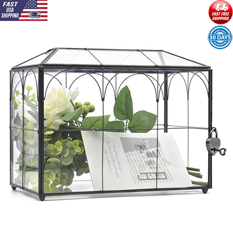 Black Glass Wedding Card Box Lock Slot 150 Cards Holder Display 10.2" x ...