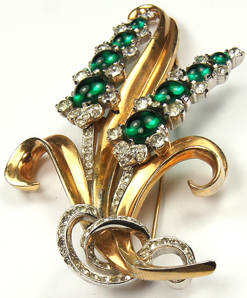 Mazer Gold Pave and Emerald Cabochons Floral Spray Pin | eBay