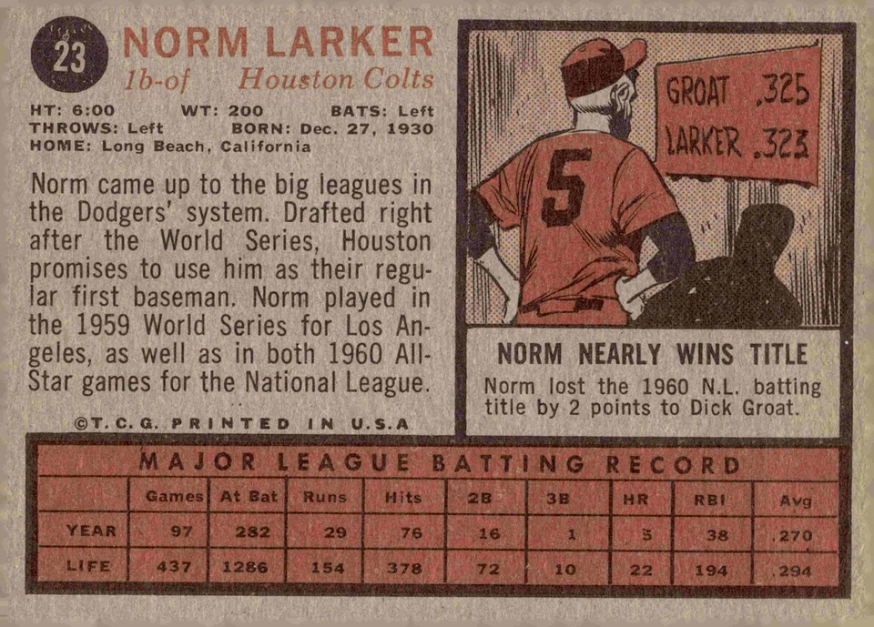 1962 Topps Norm Larker #23 - Houston Colt 45s | eBay