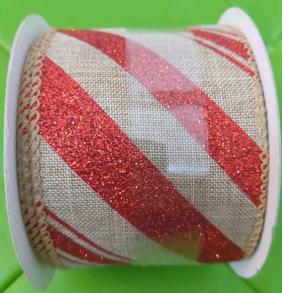 Celebrate It Christmas Wired Ribbon Beige Red Glitter Striped 2.5"X ...