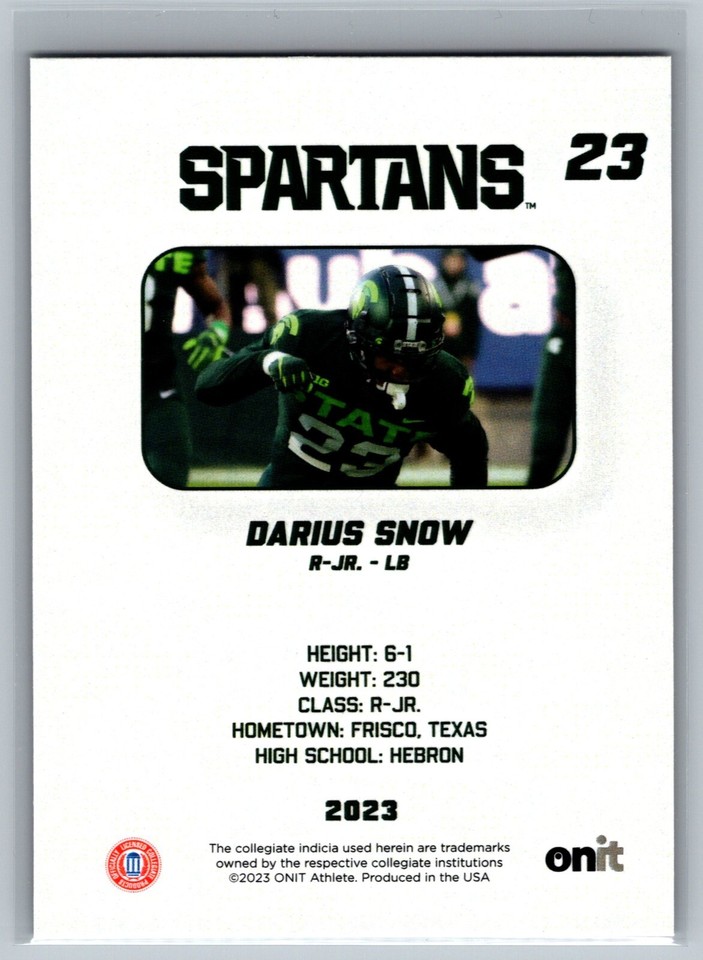Darius Snow 2023 ONIT Michigan State Spartans #23 Football Card RC ...