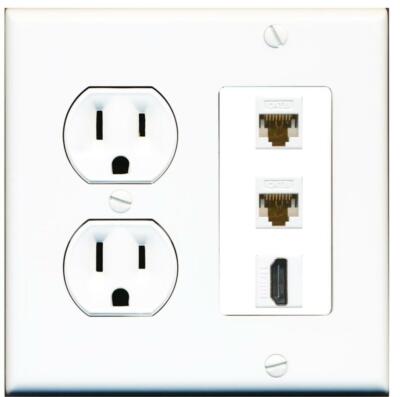 15 Amp Duplex Round Power Outlet 2 CAT6 Ethernet 1 HD Wall Plate Custom ...