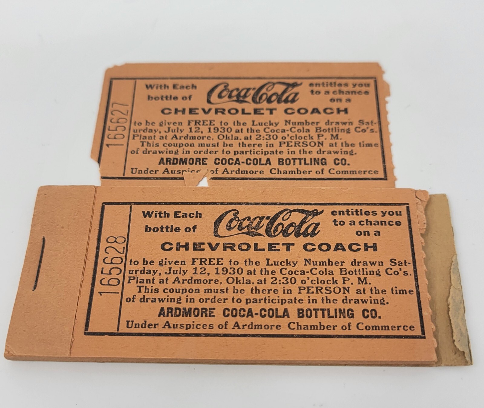 Coca-Cola Chevrolet Coach Raffle Tickets Book Of 22 Ardmore OK Bottling ...