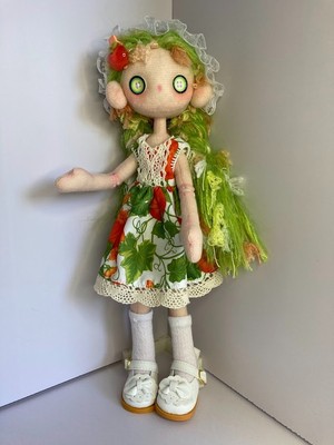 a handmade button-eye doll with green hair, a red resin | eBay