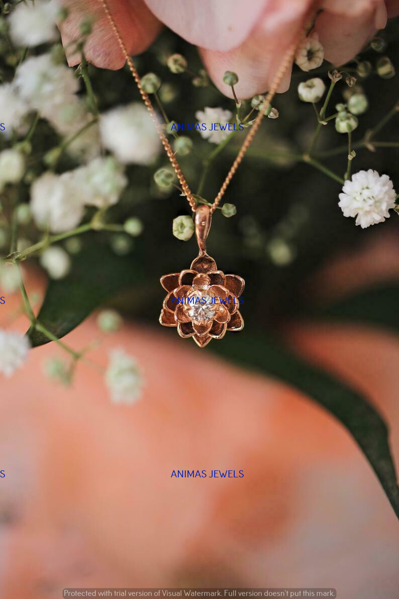 0.25 CT Round Cut Moissanite Lotus Flower Pendant Necklace 14K Rose ...
