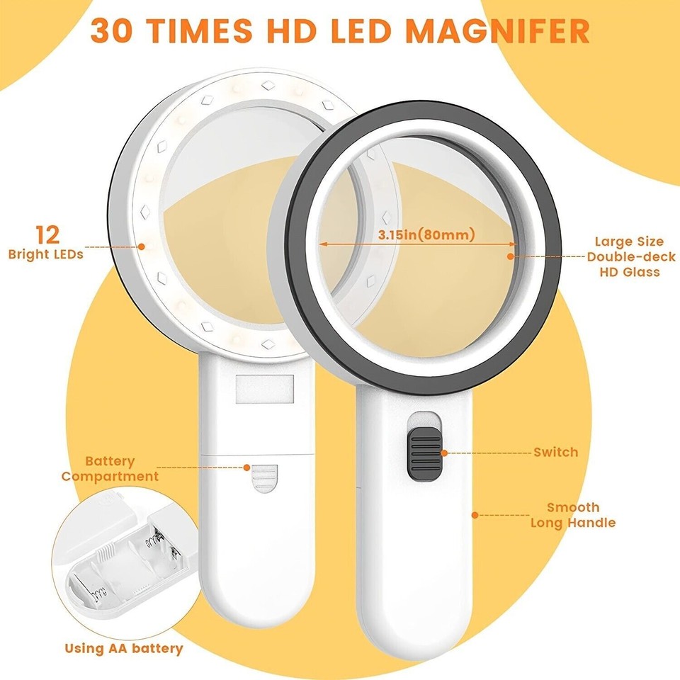 30X Jumbo Handheld Magnifying Glass w/ 12 Bright LED Light Illuminated ...
