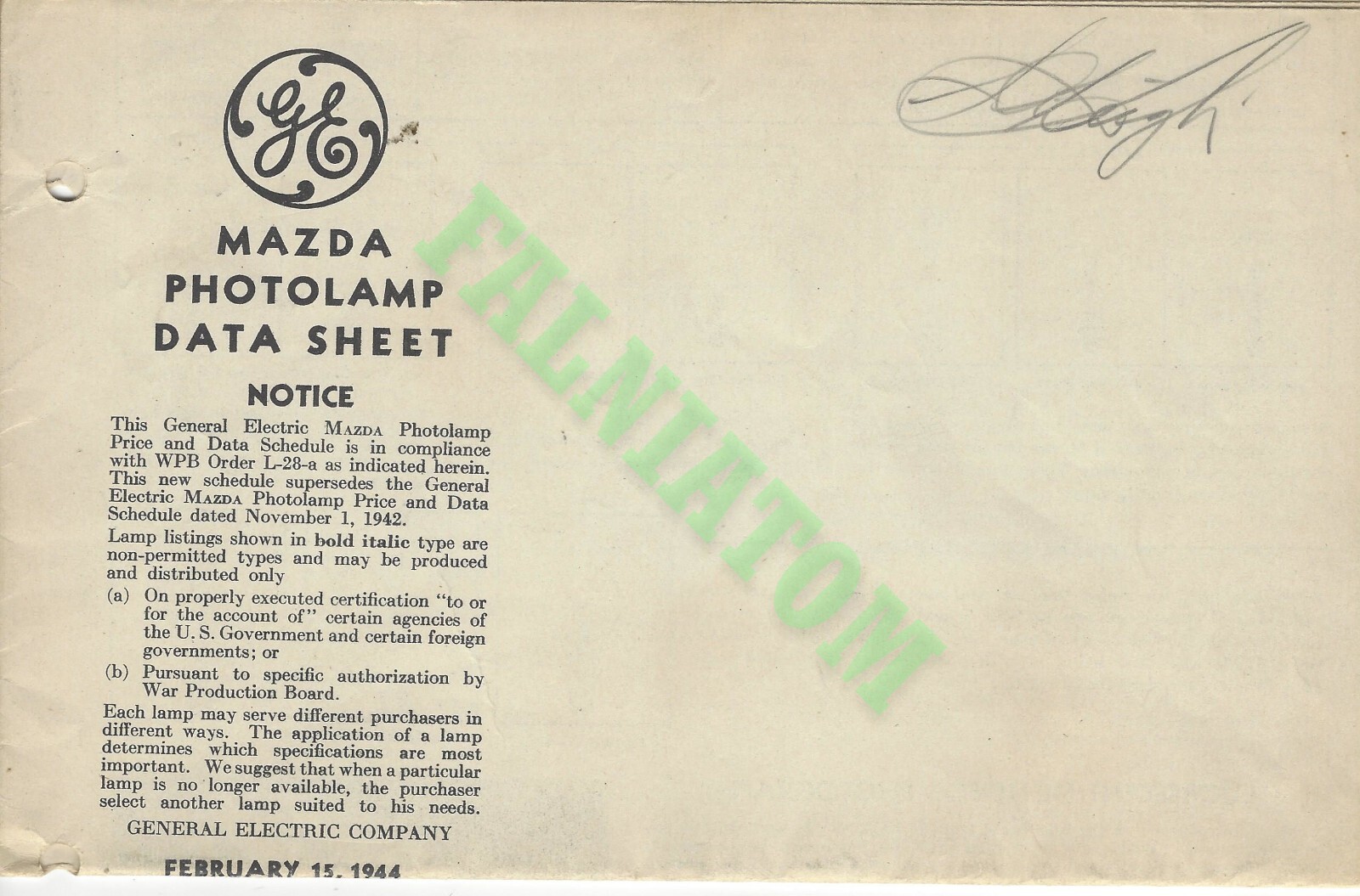 Vintage 1944 Mazda Photolamp Data Sheet | eBay
