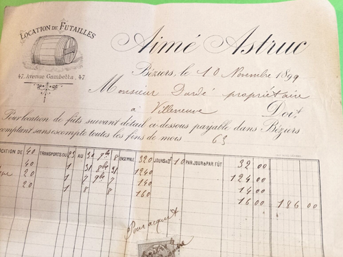 Ancienne facture année 1899 Aimé Astruc (location de futailles) Béziers ...