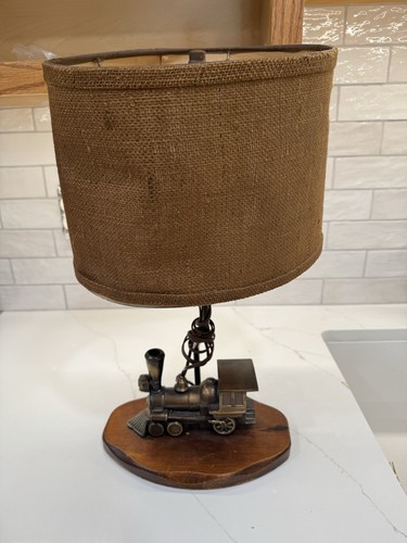 Vintage Heavy Gold Brass Railroad Steam Train Table Lamp Light Wood ...