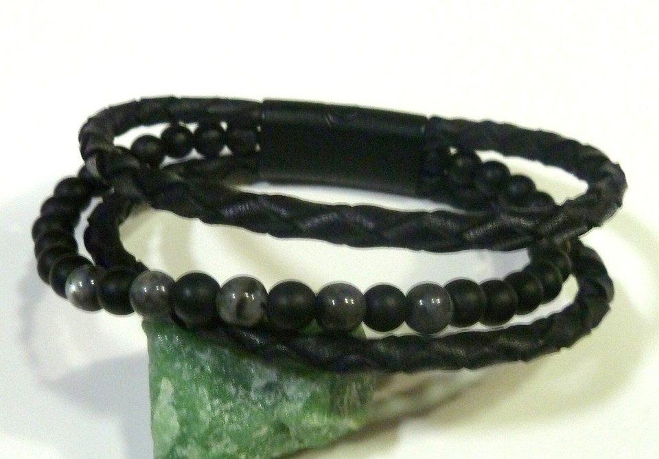 21CM 3 Row Magnetic Clasp Leather Bracelet In Black With OnyX And Agate ...