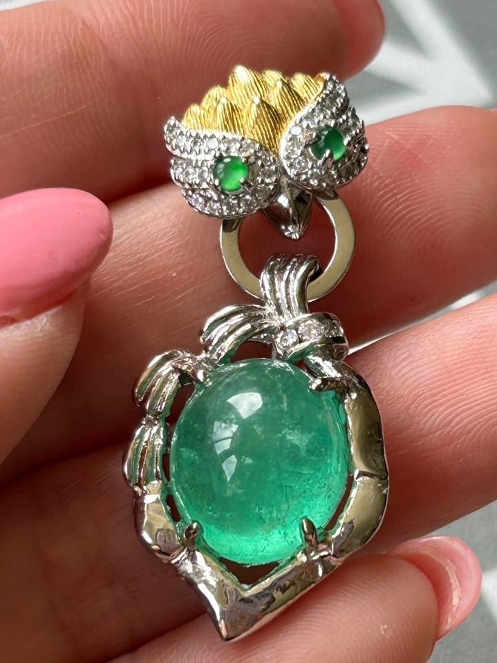 14k gold Natural emerald 12 ct GIA pendant $3800 owl chain is silver ...