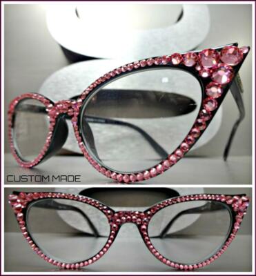 Classy Elegant Retro Cat Eye READING EYE GLASSES READERS Pink Crystals ...