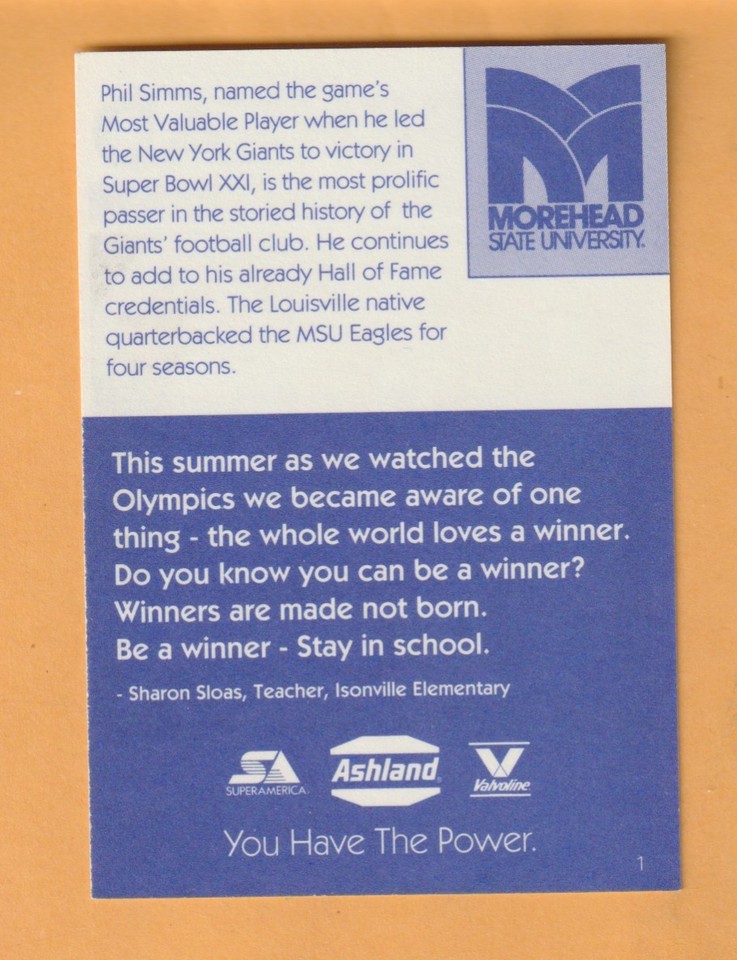 Phil Simms Morehead State Eagles 1993 Card #1 New York Giants | eBay