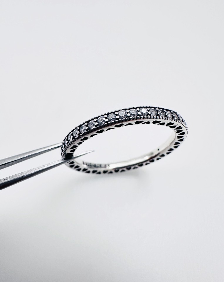 Estate Pandora ALE 925 Sterling Silver Sparkle Hearts Stackable Ring 7. ...