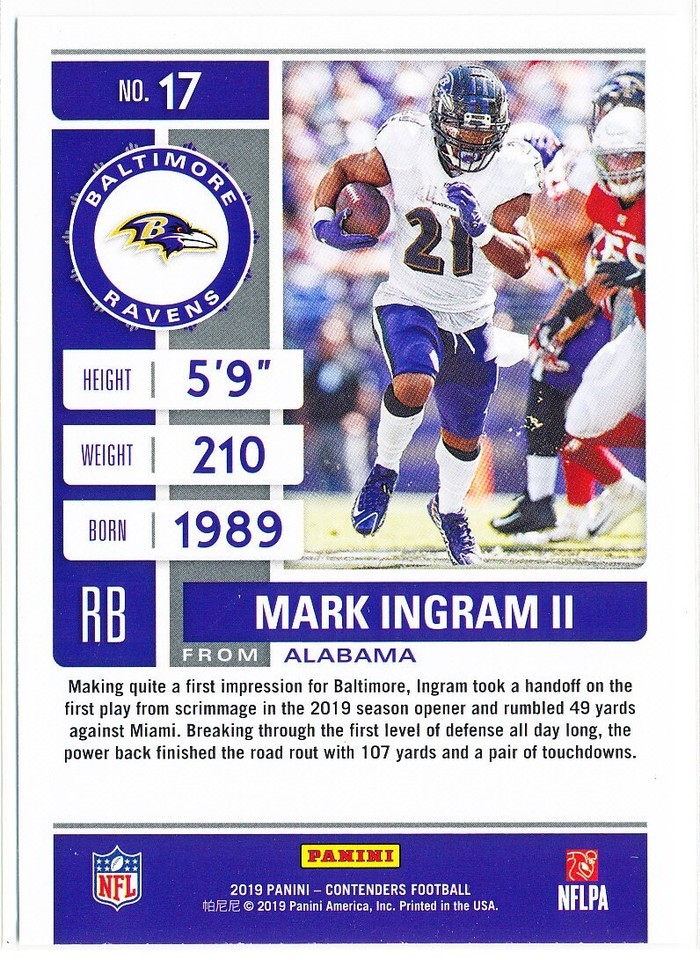 2019 Panini Contenders Football Mark Ingram II #17 Baltimore Ravens | eBay
