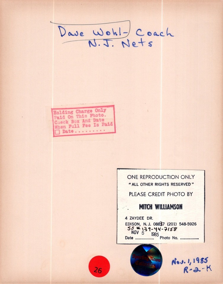 Dave Wohl - Coach N.J. Nets (1986) Basketball Sport Press Photo K 357 ...