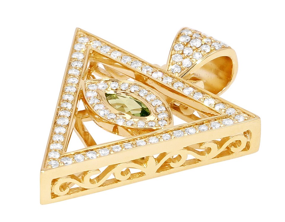 Unisex Evil Eye Triangle Real Diamond Pendant 11/20 CT 10K Yellow Gold ...