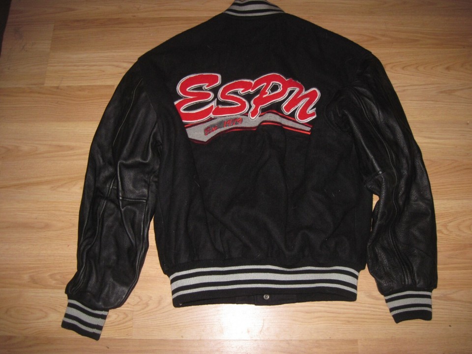 ESPN Black Leather Sleeves Embroidered Letterman Jacket/Free Shipping ...