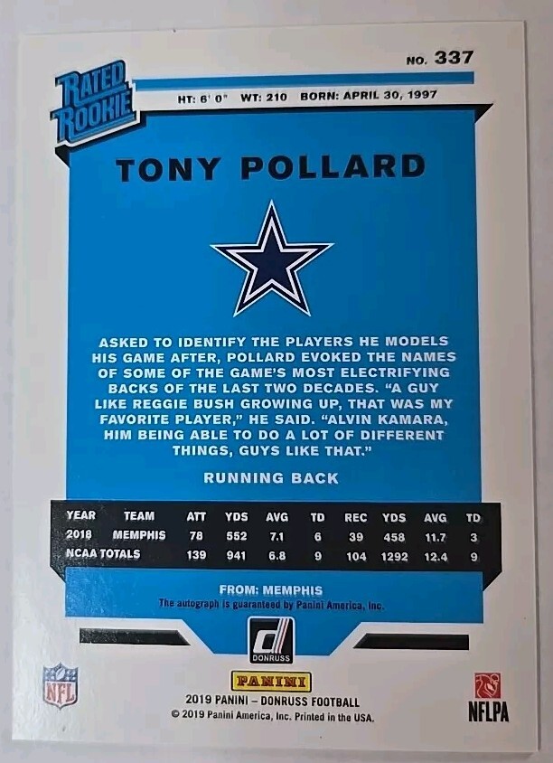 2019 Panini Donruss - Rated Rookie Tony Pollard #337 Press Proof Bronze ...