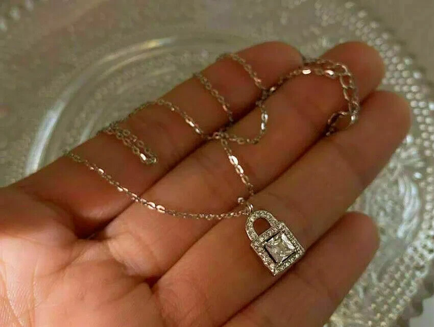 1CT Lab Created Diamond Crystal Lock Pendant Necklace 14K White Gold ...