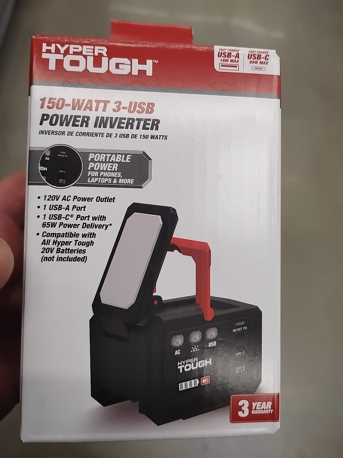 Hyper Tough 150-Watt Power Inverter 3 USB A & C Ports Work Light New ...