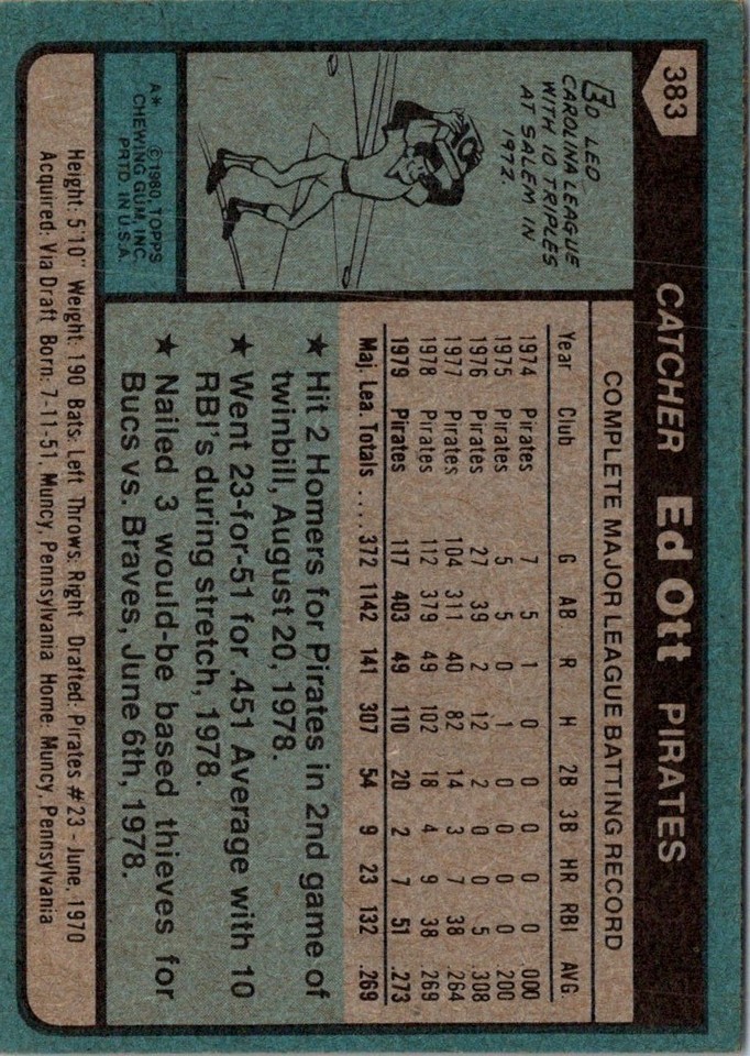 1980 Topps Ed Ott #383 Pittsburgh Pirates Baseball Card | eBay