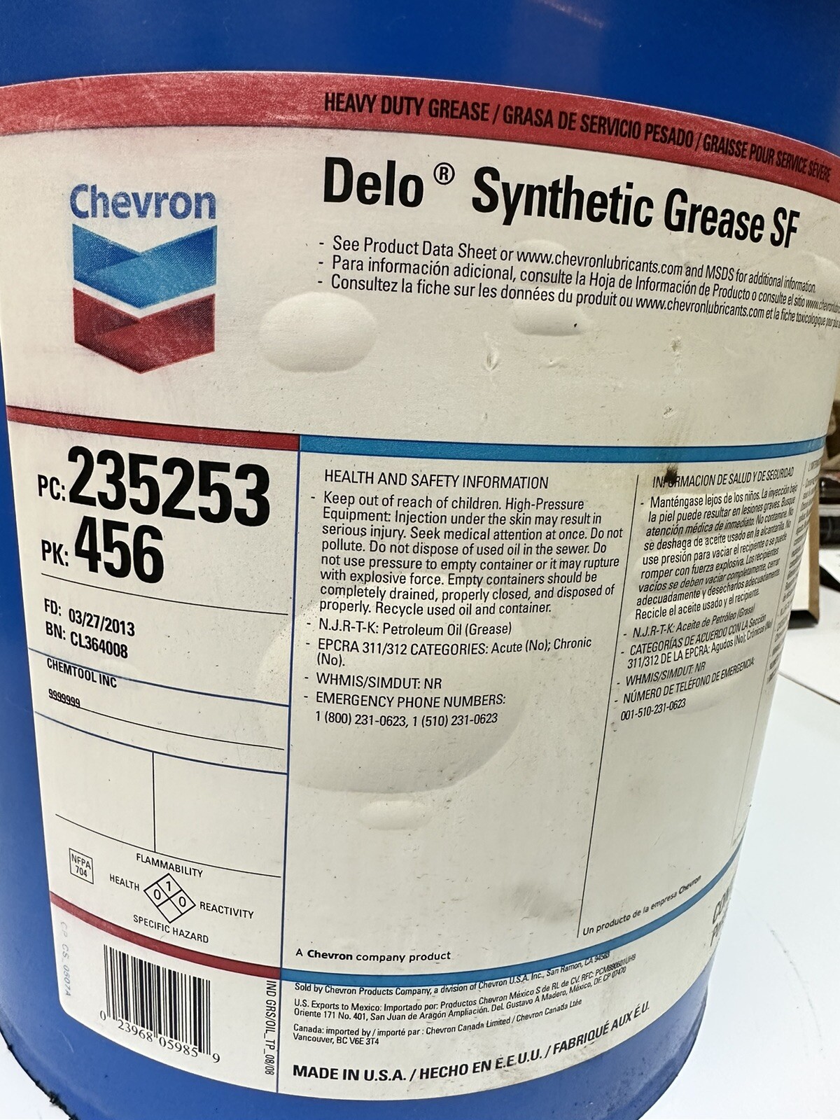 Chevron 235253 Delo Synthetic Grease Sf 5gal 30lbs for sale online | eBay