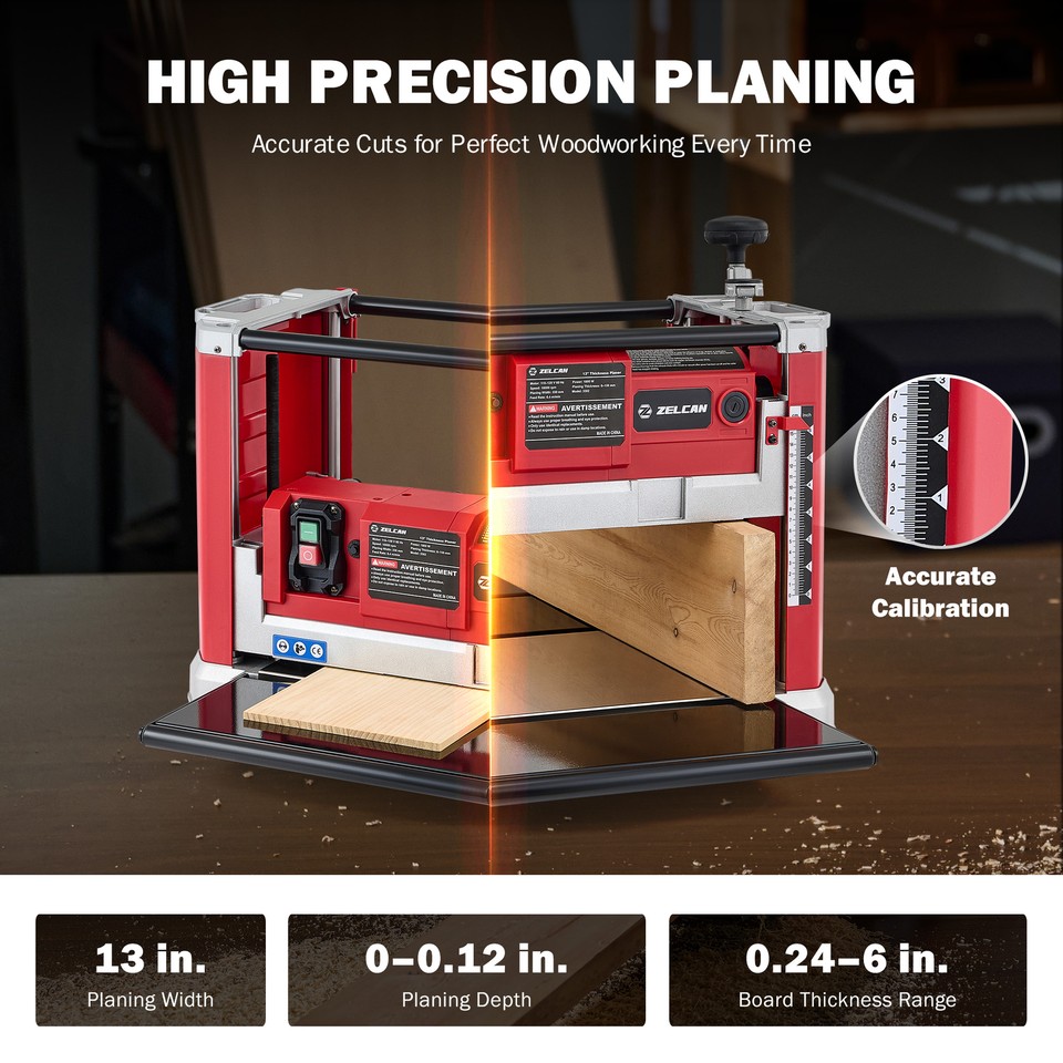 ZELCAN 13 in Thickness Planer Two Knife Head Wood Planer Tool 1800W 15 ...