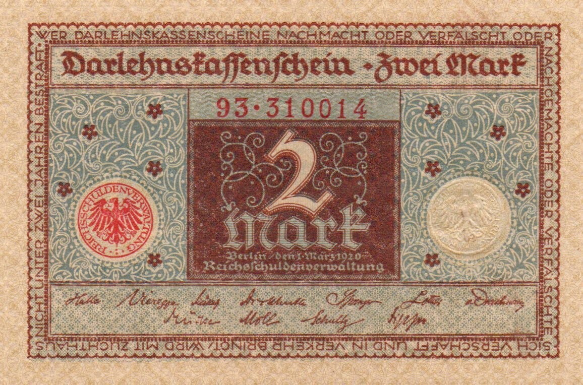 Genuine 2 Mark German weimar banknote 1920 unc rarer bl note !!! | eBay
