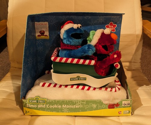 Sesame Street Animated Christmas Sled Plush Elmo Cookie Monster Gemmy ...