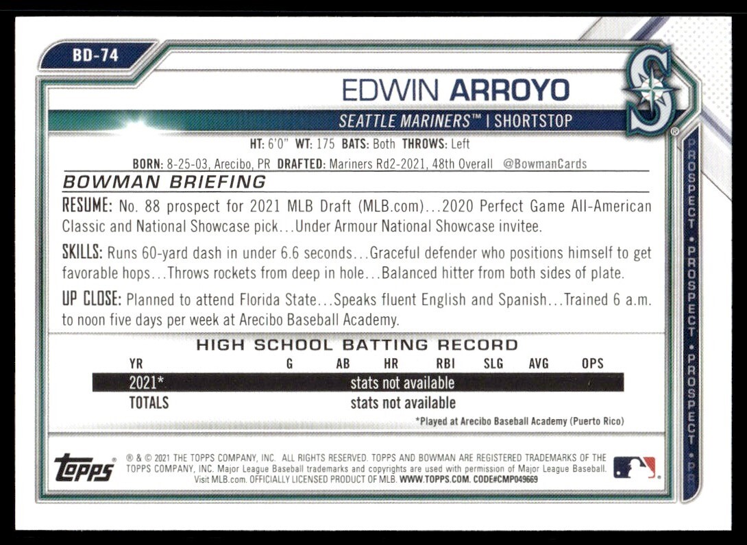 2021 Bowman Draft Edwin Arroyo G174 Seattle Mariners #BD-74 | eBay