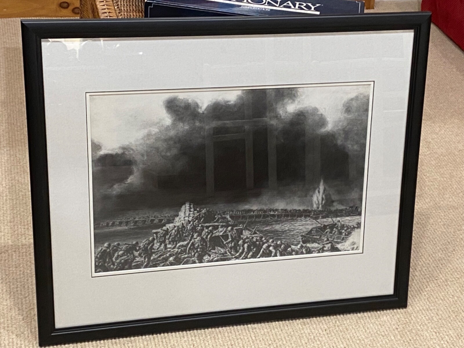 WWII Framed Kerr Eby Charcoal Picture/Etching- US Marines Tarawa Combat ...