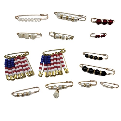 Lot 14 Beaded Safety Pin Brooch Scarf Pins American Flag Patriotic USA ...