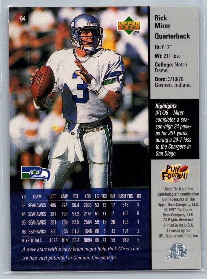 1997 UPPER DECK CARD # 64 Rick Mirer - Seattle Seahawks | eBay