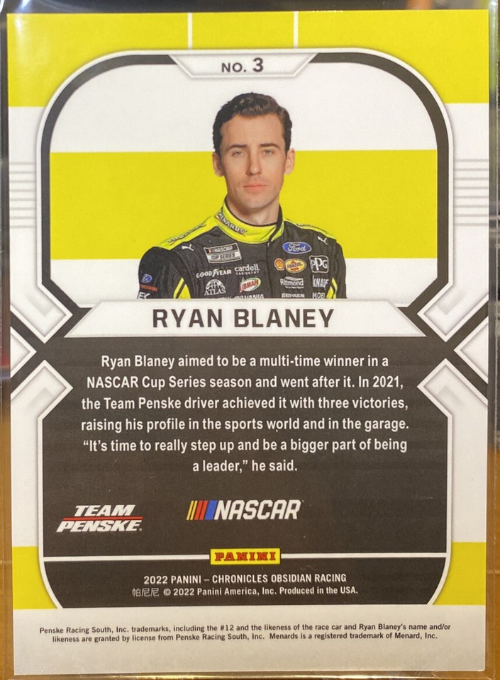 2022 Panini Chronicles Obsidian Racing Ryan Blaney Obsidian Card #3 ...