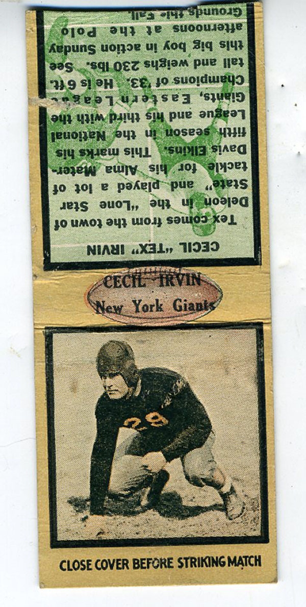 1930s NFL Matchbook Cover Cecil Tex Irvin New York Giants (11) | eBay