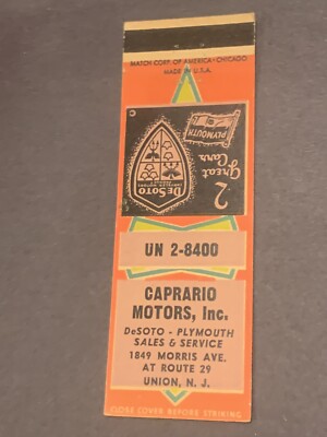 Vintage New Jersey Matchbook: “Caprario Motels Inc” Union, NJ | eBay