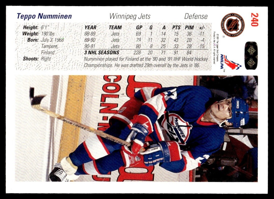 1991-92 Upper Deck Teppo Numminen Winnipeg Jets #240 | eBay