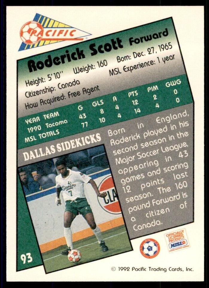 1992 Pacific MSL Roderick Scott Dallas Sidekicks #93 | eBay