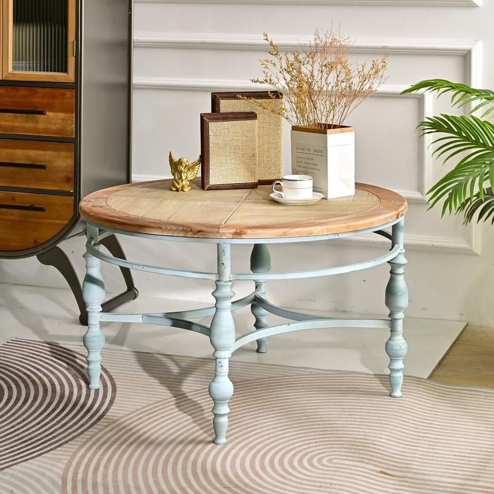 20.08 in Accent Rustic Wooden Carved Coffee Table Round Wooden Top ...