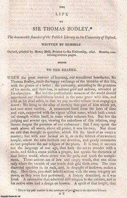 1647 : THE LIFE OF SIR THOMAS BODLEY, THE HONOURABLE FOUNDER OF THE ...