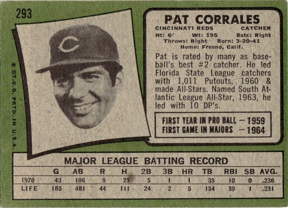 1971 Topps Baseball Pat Corrales Cincinnati Reds #293 EX | eBay