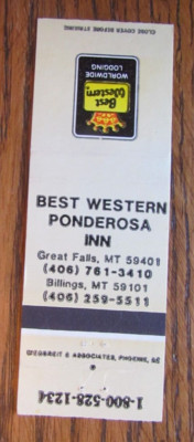 GREAT FALLS, MONTANA MATCHBOOK COVER: PONDEROSA INN BEST WESTERN ...