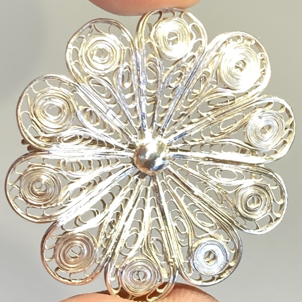 Filigree Flower Brooch Pin Handmade Tested Sterling Silver 925 1 5/8 ...