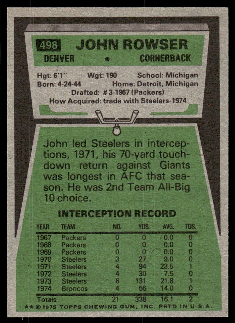 1975 Topps John Rowser #498 Denver Broncos K1 | eBay