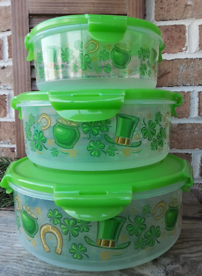 Lock N Lock SHAMROCK PRINT Nestable Canister Container 3 Pc Set LIME ...