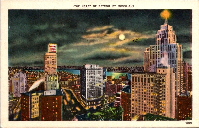 Vintage Postcard Heart of the City by Moonlight Detroit Michigan MI ...