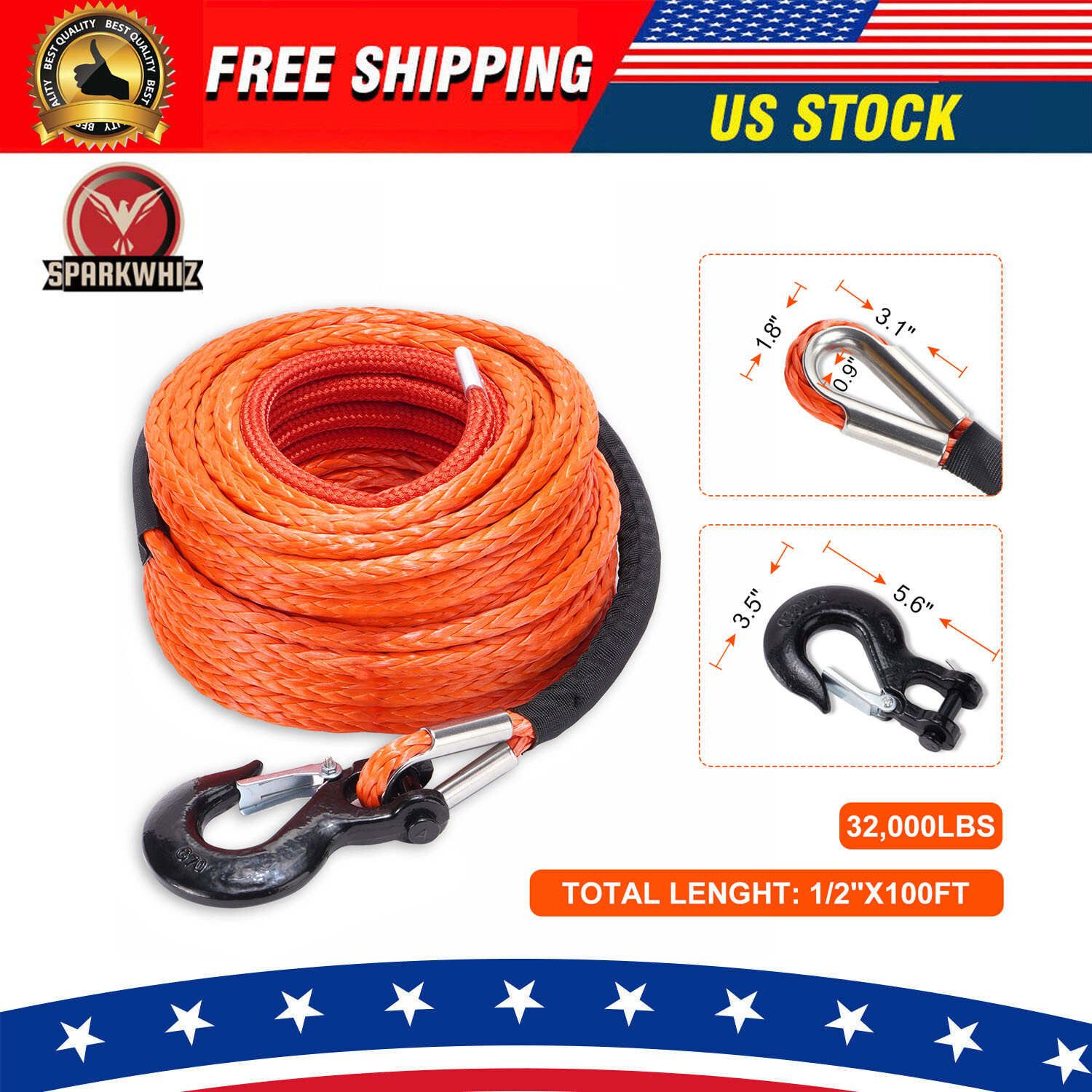 SPARKWHIZ 1/2"x100ft 32000lbs Synthetic Winch Line Rope Cable Kit For ...
