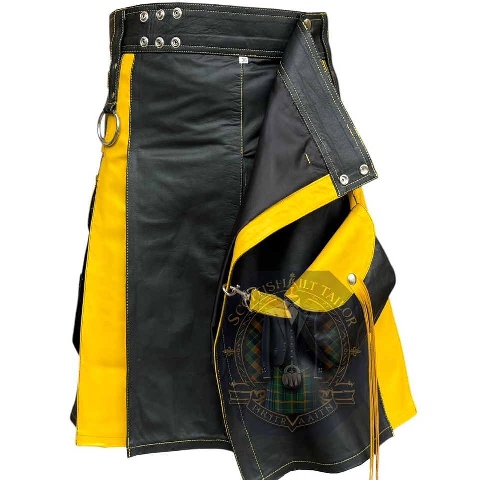 Scottish Blak & Yellow Leather Hybrid Utility Kilt With Front Sporran ...